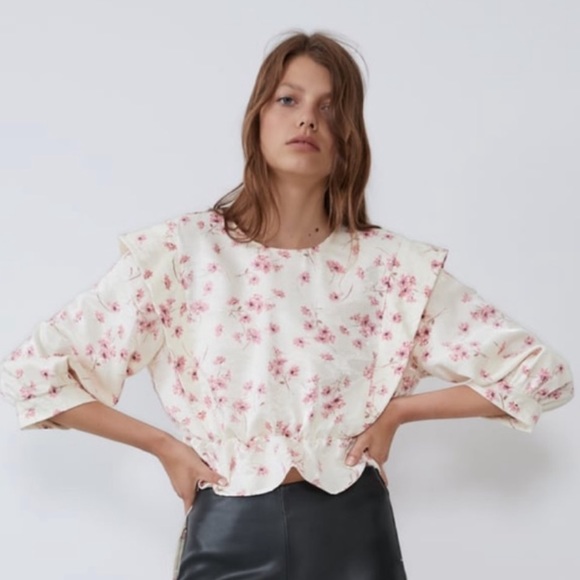 Zara | Tops | Zara Floral Blouse With Bow And Ruffle Peplum | Poshmark